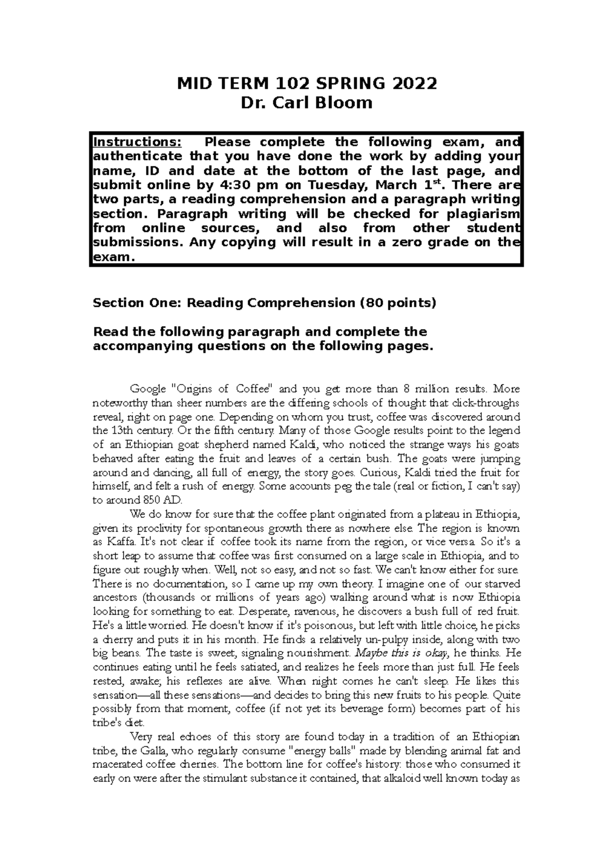 MID TERM 102 Spring 2022 - MID TERM 102 SPRING 2022 Dr. Carl Bloom ...