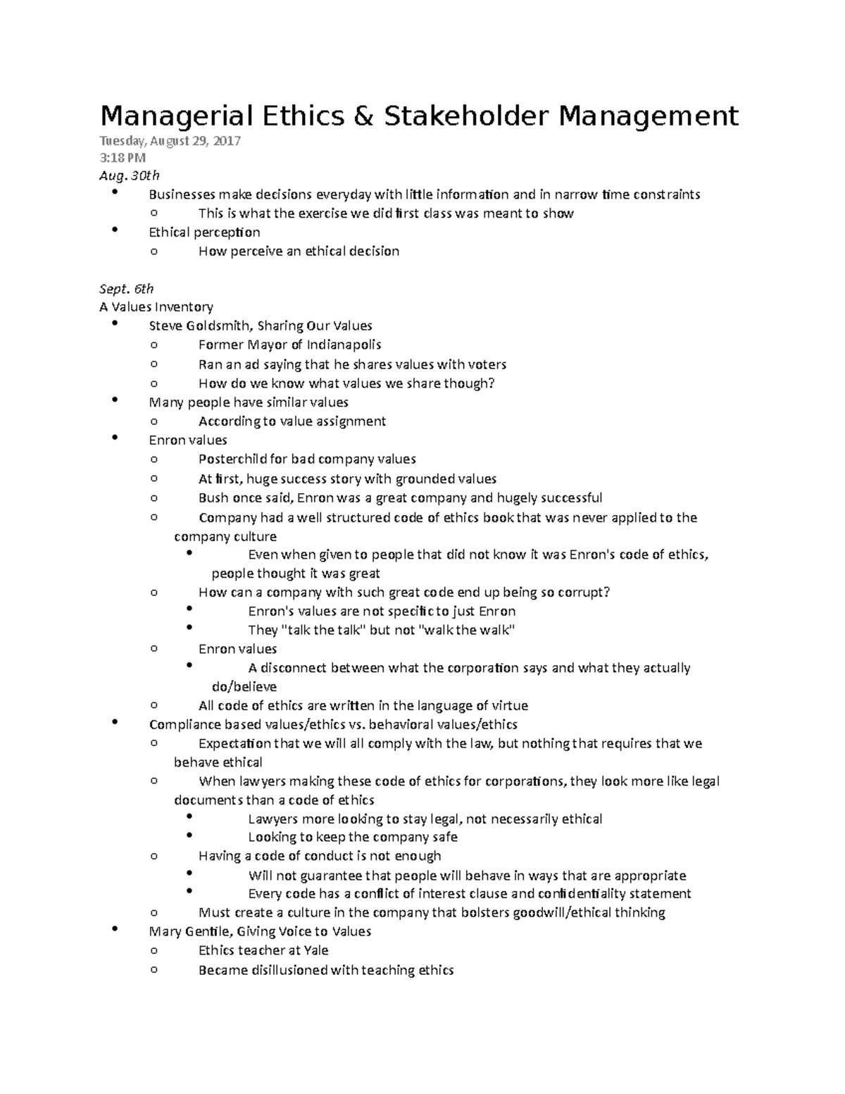 Managerial Ethics Notes - Managerial Ethics Stakeholder Management ...