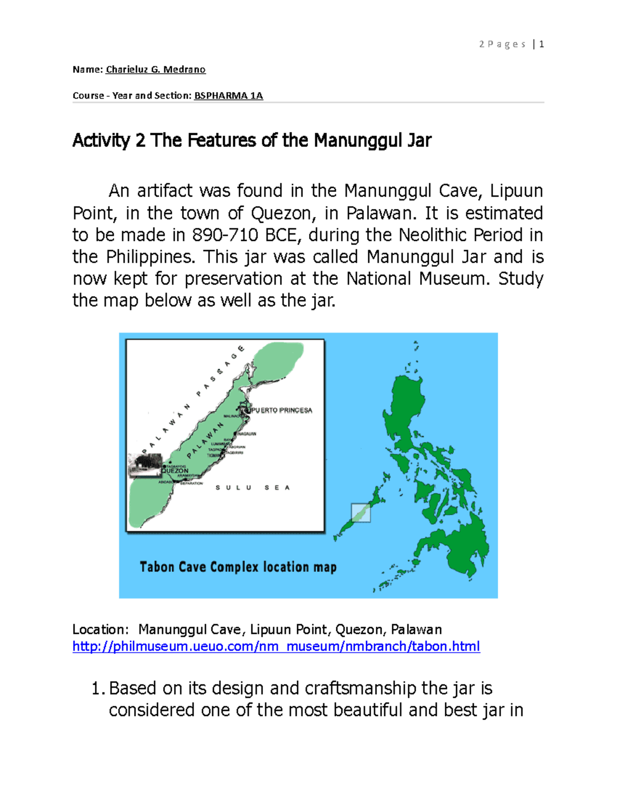 Activity 2 The Features of the Manunggul Jar - Name: Charieluz G ...