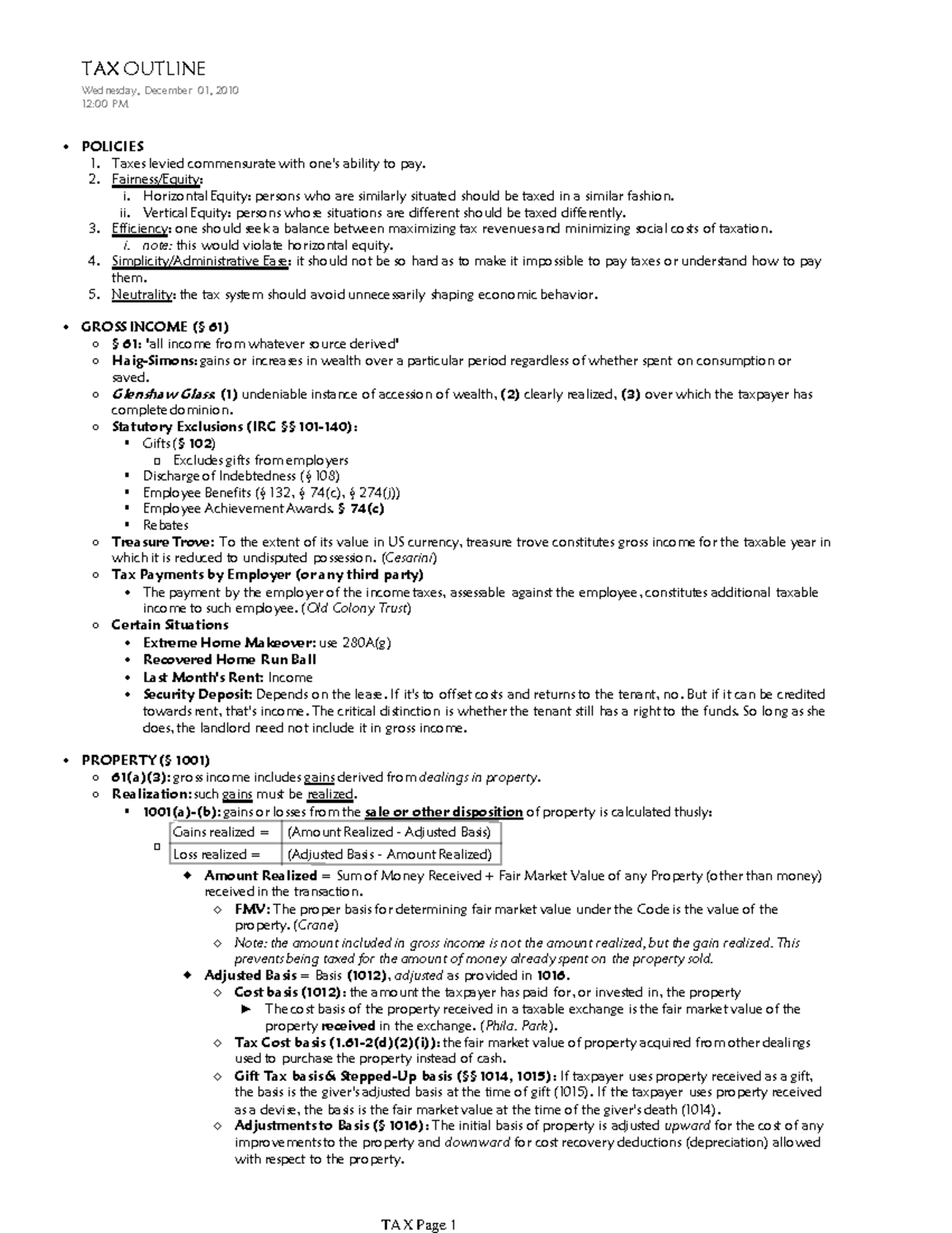 Federal TAX Outline - wefwe - Taxes levied commensurate with one's ...