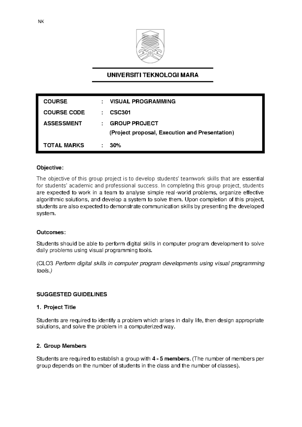 Csc301 Group Project Guidelines 20234 Nk Universiti Teknologi Mara Course Visual Programming