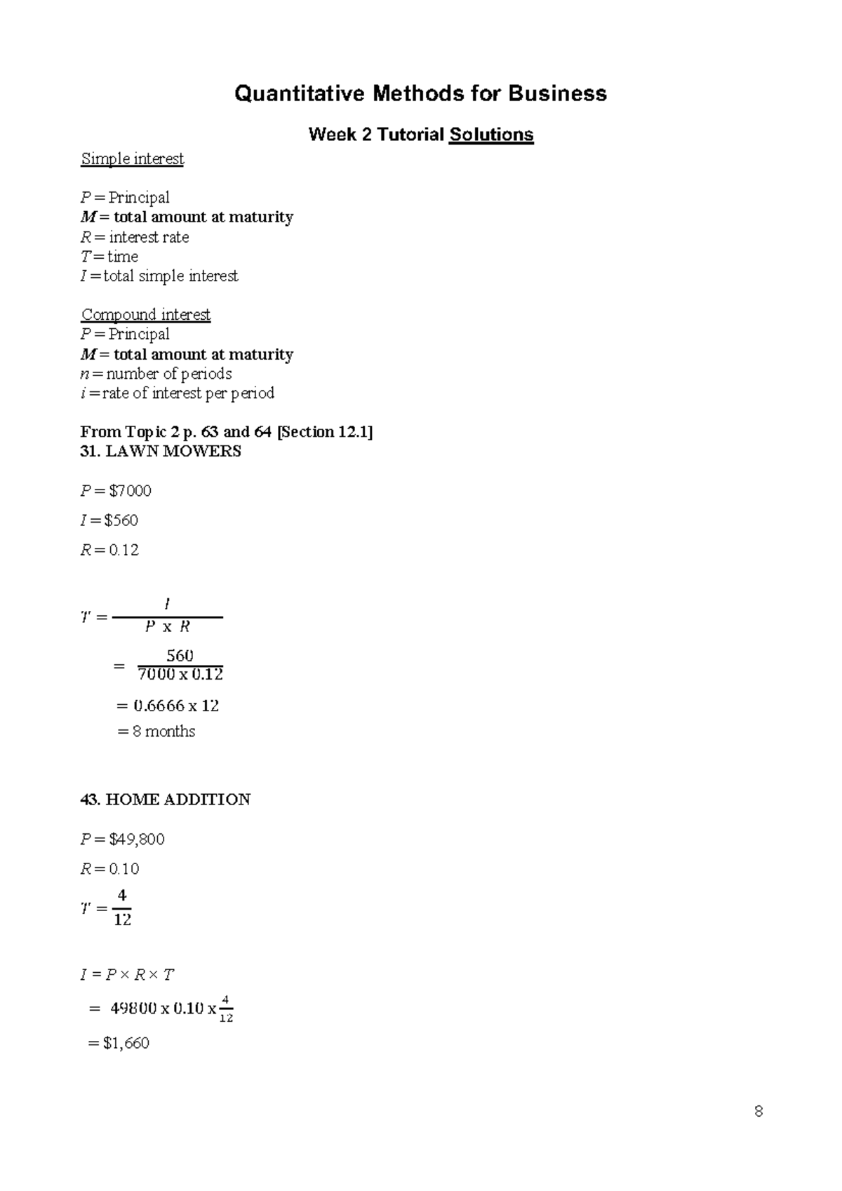 Tutorial Sol Week 2 - Quantitative Methods for Business Week 2 Tutorial So olutions U Simple ...