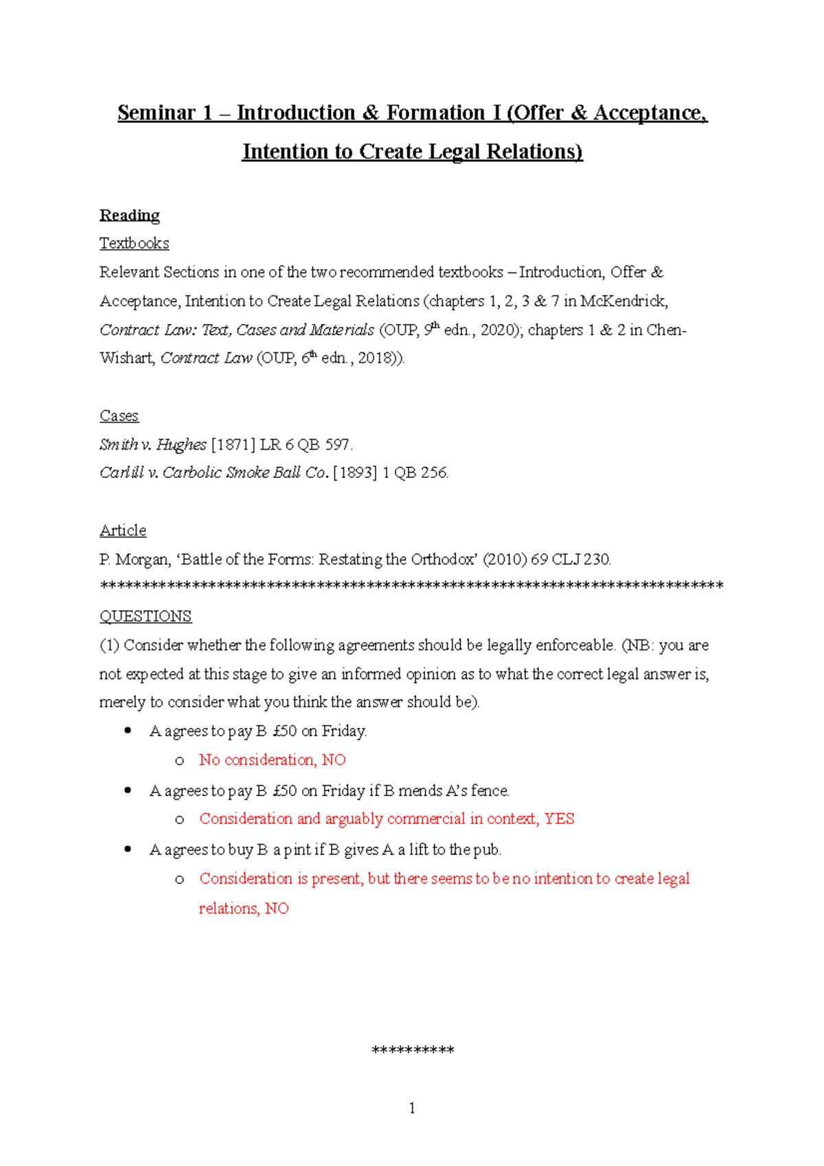 S.1 Intro + Formation - Seminar 1 – Introduction & Formation I (Offer & Acceptance, - Studocu