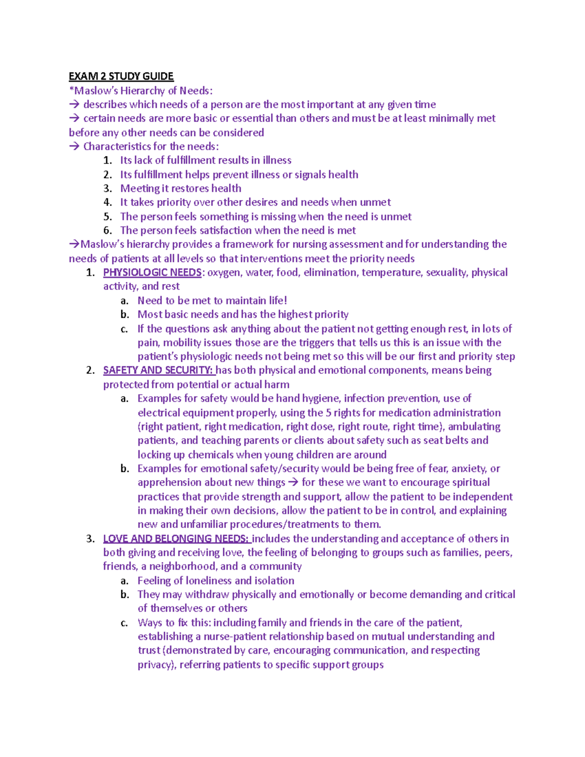 exam 2 study guide nursing - EXAM 2 STUDY GUIDE *Maslow’s Hierarchy of ...