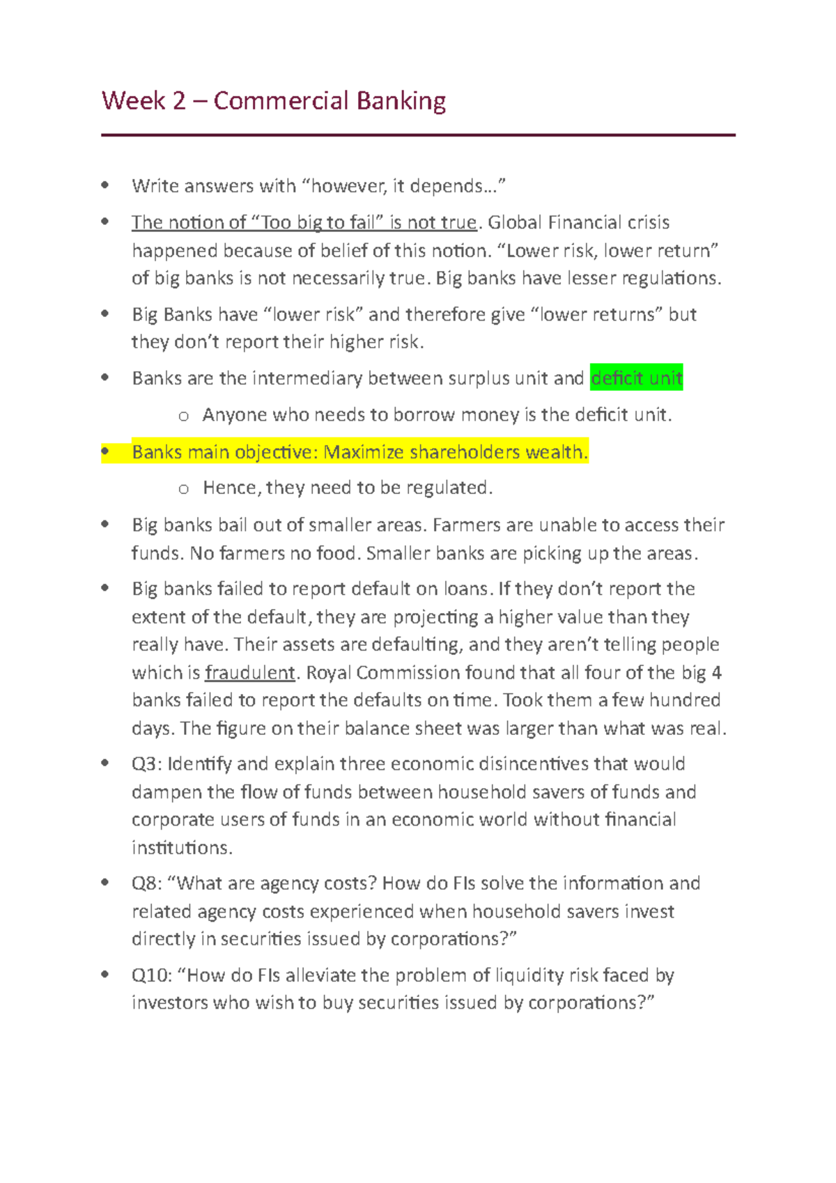 Week 2 Summary Notes - Week 2 – Commercial Banking Write answers with ...