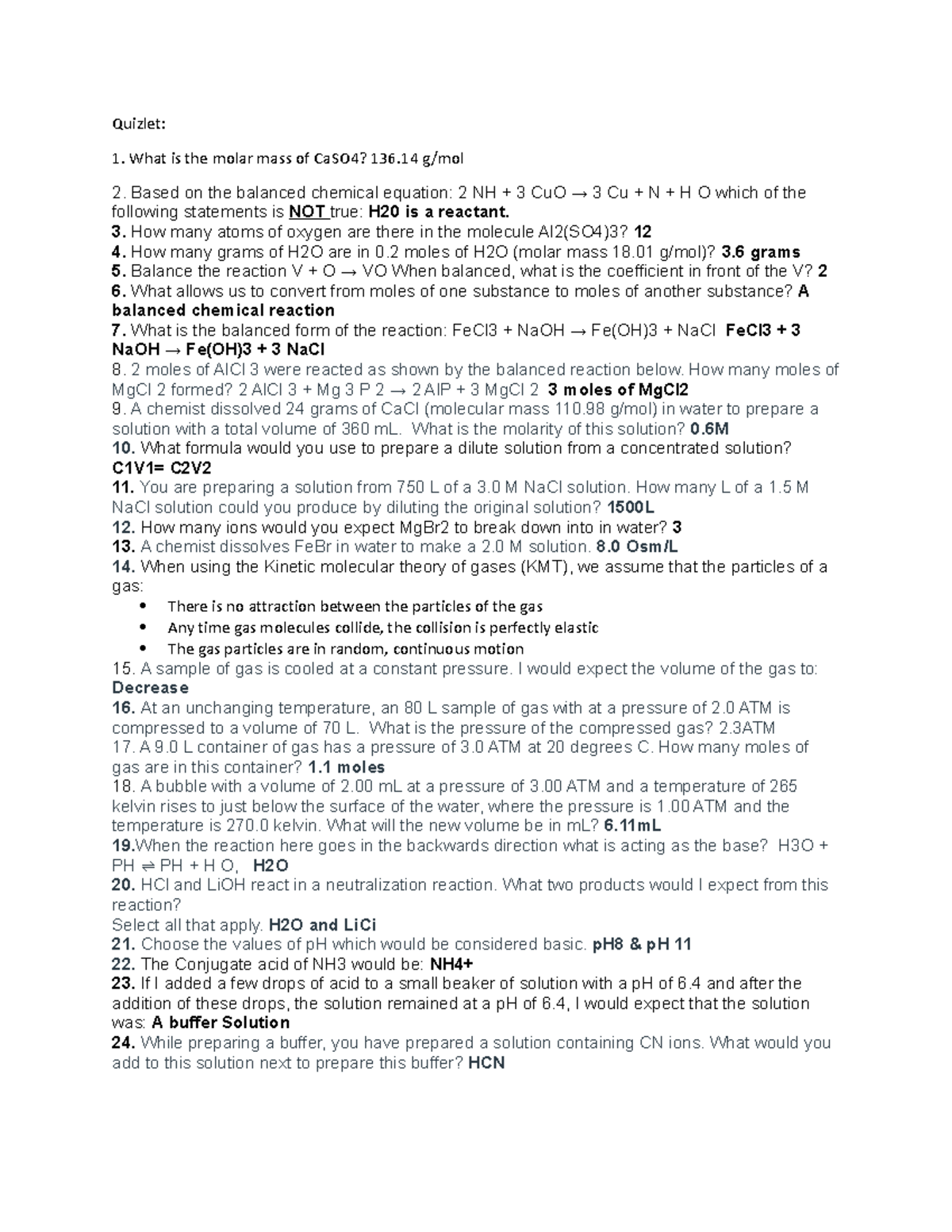 Chemistry Quiz: Molar Mass Balanced Equations Moles Solutions Gases ...