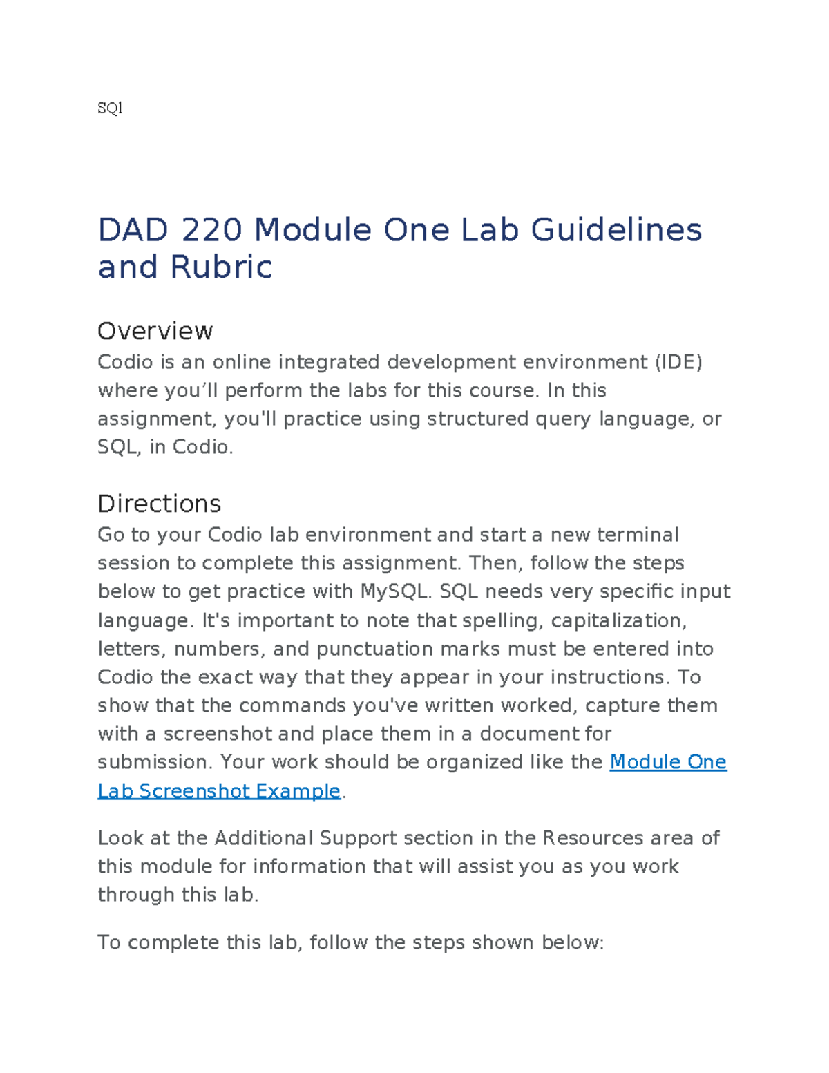 Lab1 - Create a new database Create a table - SQl DAD 220 Module One Lab Guidelines and Rubric ...