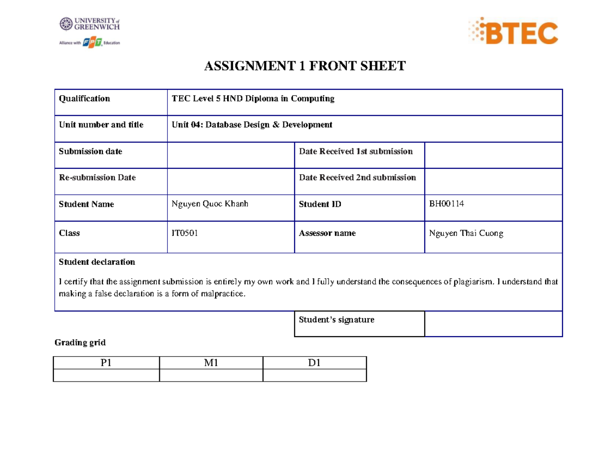 04-DDD - âsssss - ASSIGNMENT 1 FRONT SHEET Qualification TEC Level 5 ...