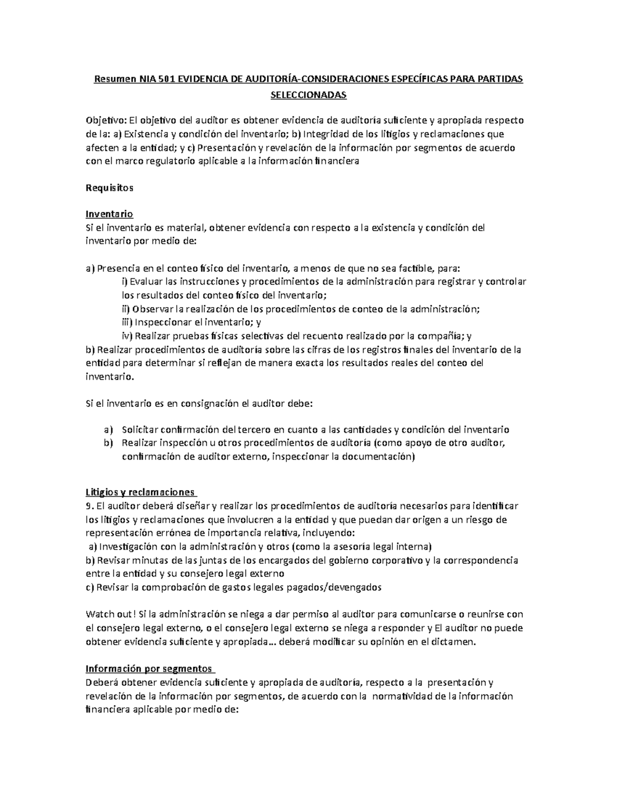 Resumen NIA 501 Evidencia DE Auditoria C - Resumen NIA 501 EVIDENCIA DE ...