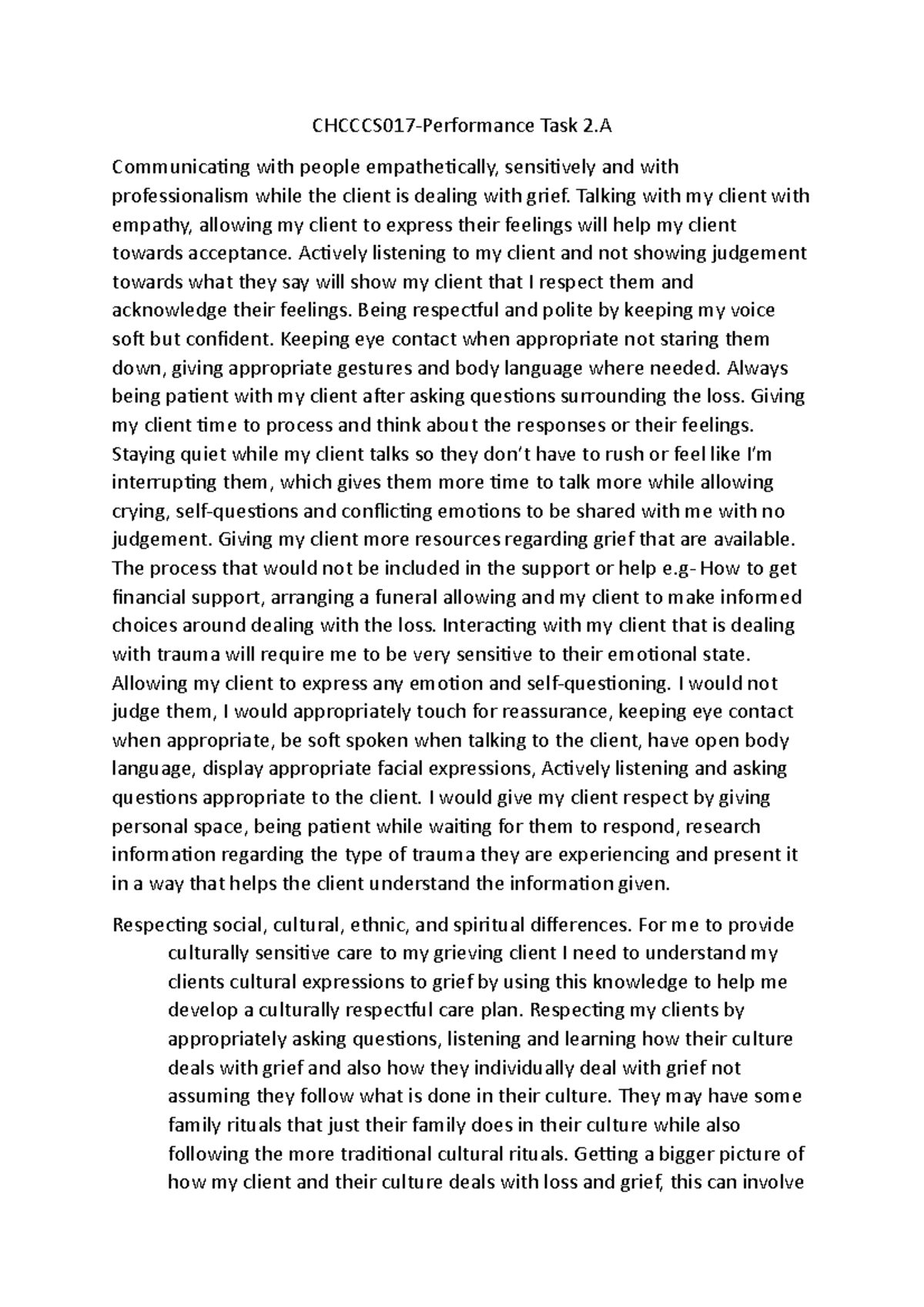 Chcccs 017-Performance task 2 - CHCCCS017-Performance Task 2 ...