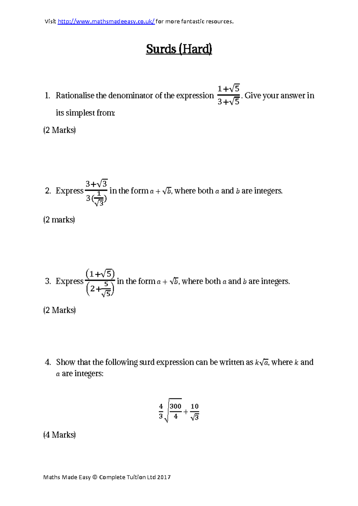 Gcse Maths Revision Surds Hard Questions Visit For More Fantastic