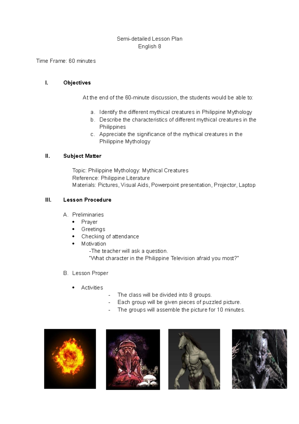 Semi detailed lesson plan philippine mythology - Semi-detailed Lesson ...