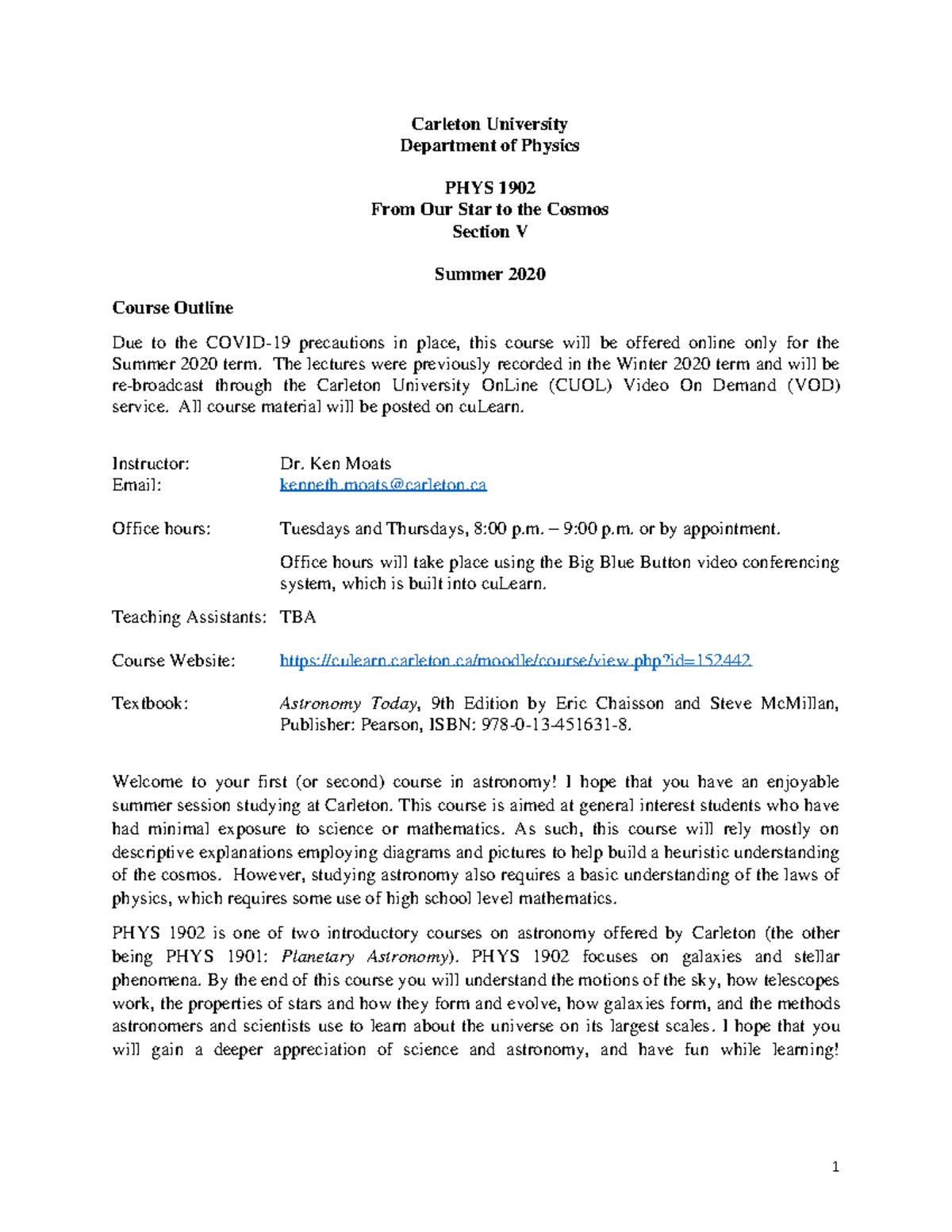 Course Outline PHYS 1902 S20 v1 - Phys 1902 - Carleton - Studocu