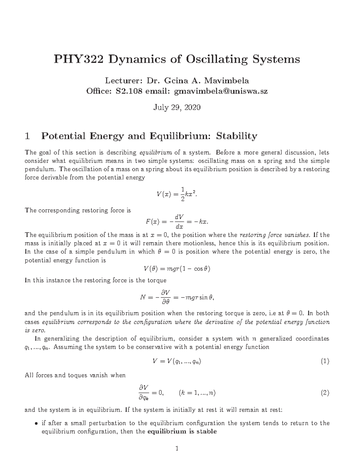 PHY322L5 Efdscfsd PHY322 Dynamics Of Oscillating Systems Lecturer