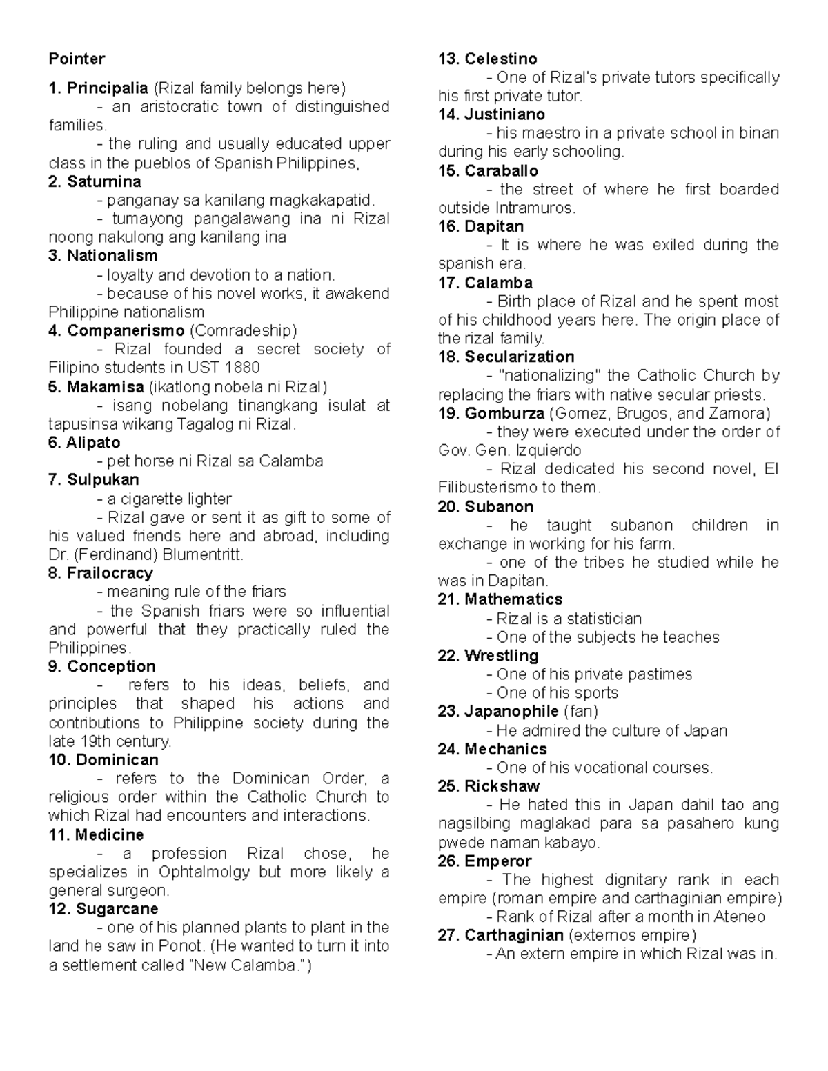 Rizal- Reviewer - Pointer Principalia (Rizal family belongs here) an ...