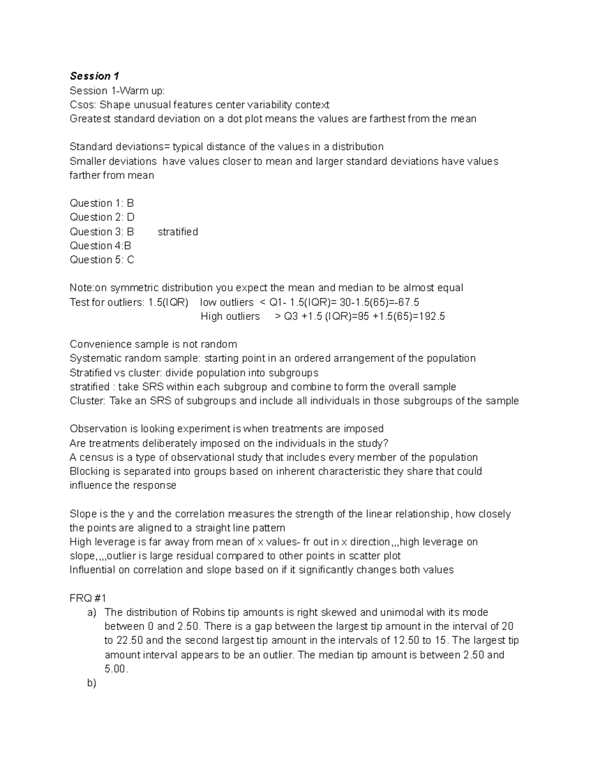 Probability and Stat - Session 1 Session 1-Warm up: Csos: Shape unusual ...
