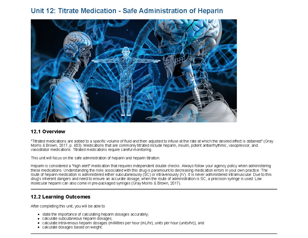 Unit 12 - summary - Unit 12: Titrate Medication - Safe Administration ...