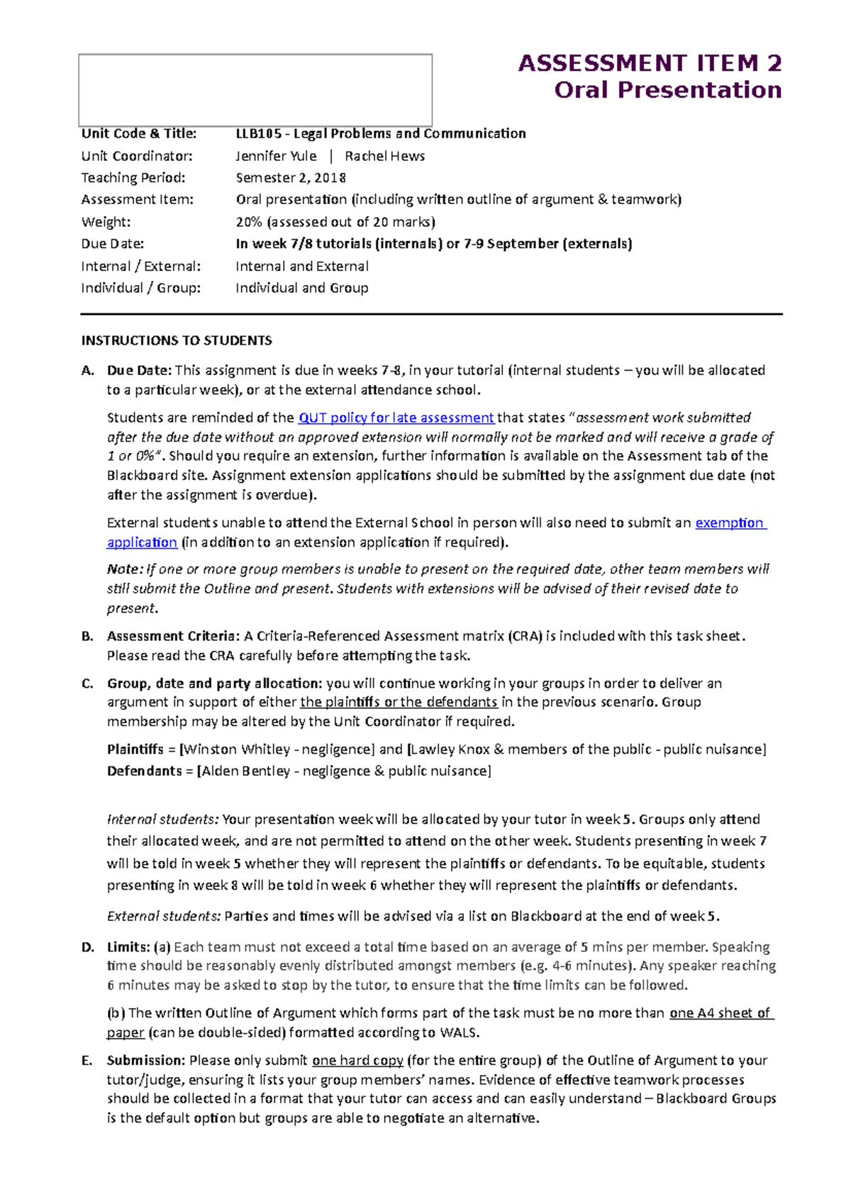 Assessment 2 Oral TASK Sheet Sem 2, 2018 - ASSESSMENT ITEM 2 Oral ...