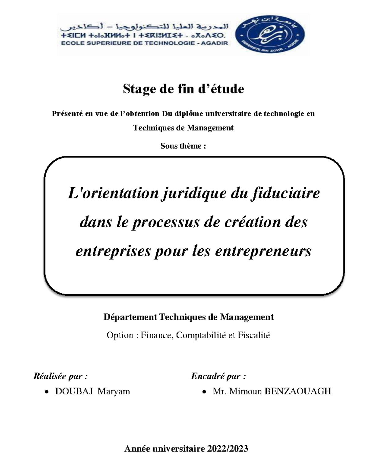 Rapport de SFFE - Stage de fin d’étude ####### Présenté en vue de l’obtention Du diplôme - Studocu