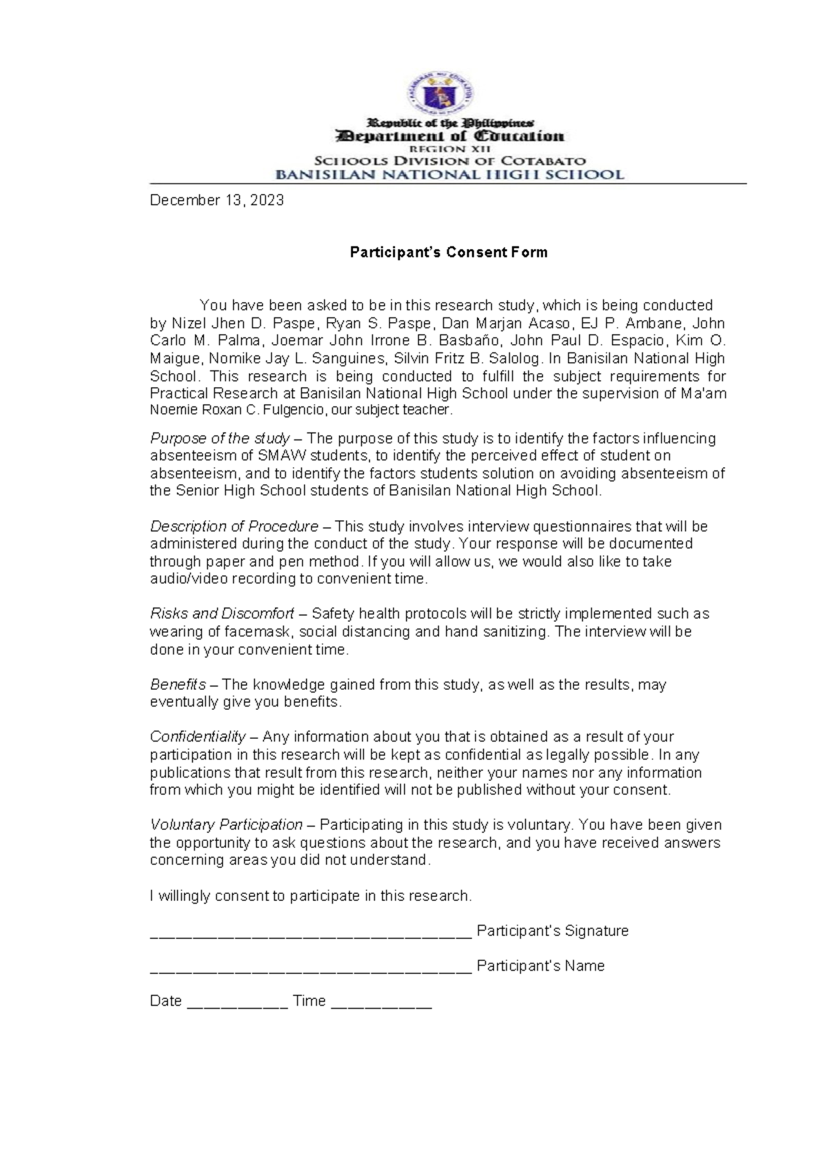 LC-paspe - sample for research - December 13, 2023 Participant’s ...