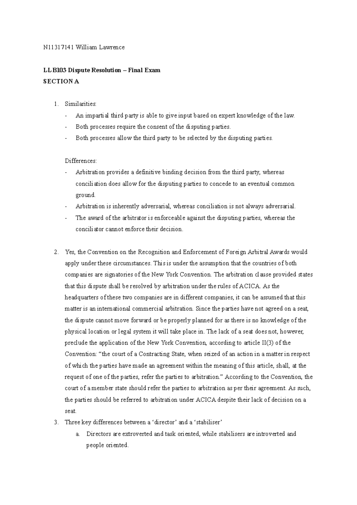 Final Exam - N11317141 William Lawrence LLB103 Dispute Resolution ...