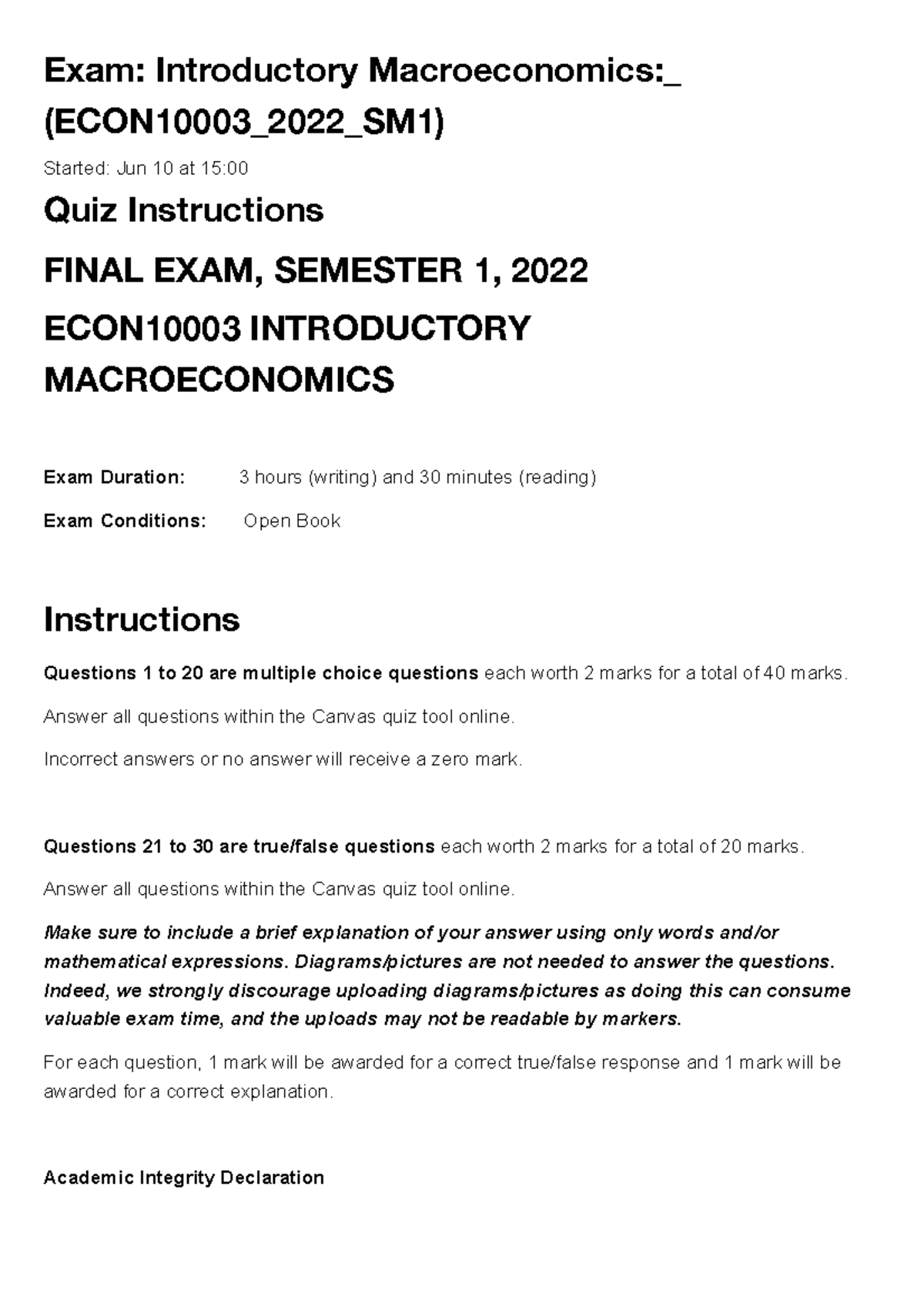 Quiz Exam Introductory Macroeconomics (ECON10003 2022 SM1) - Exam ...
