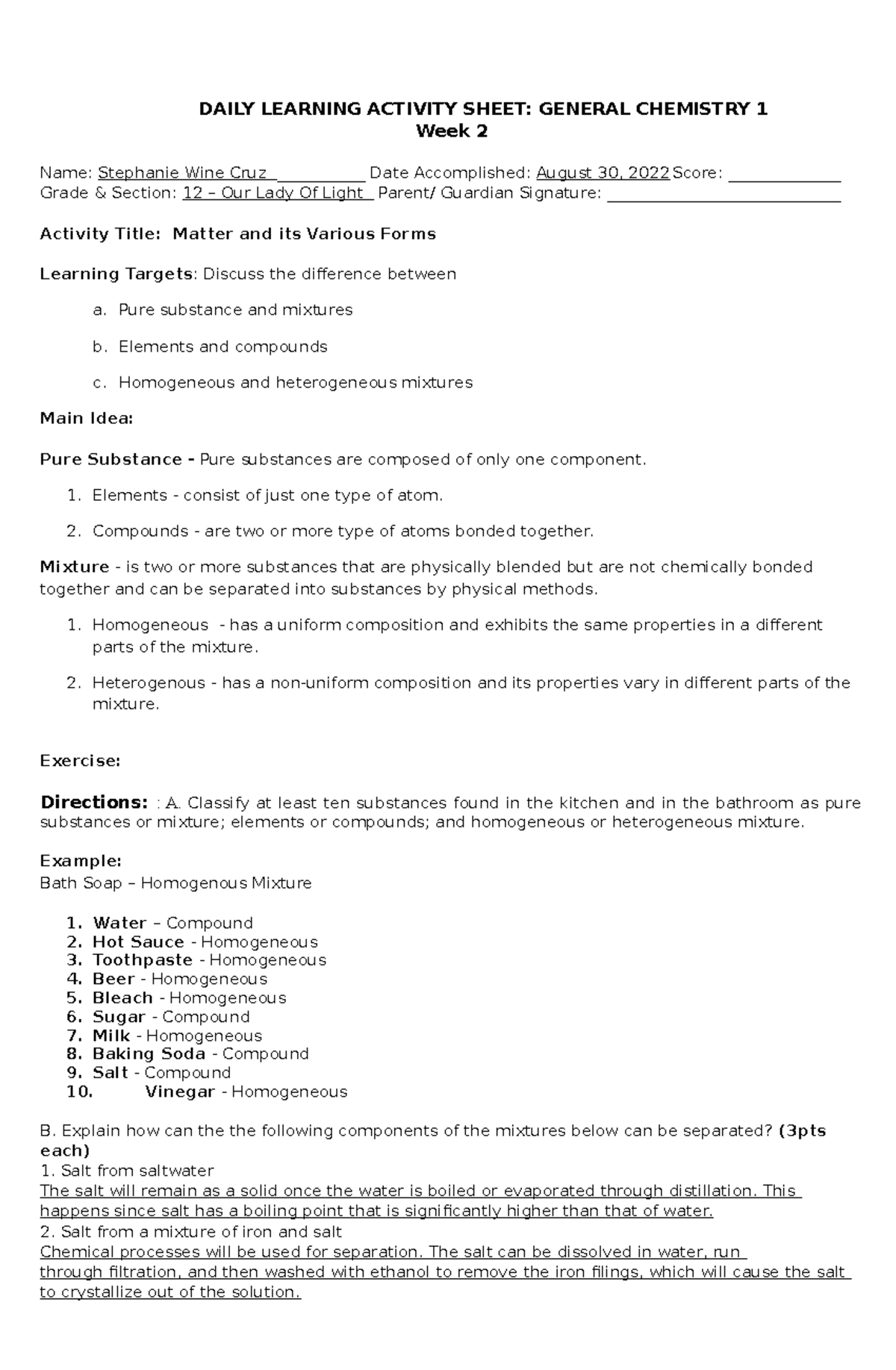 Cruz, Stephanie Wine - DLA 2 GEN CHEM - DAILY LEARNING ACTIVITY SHEET ...