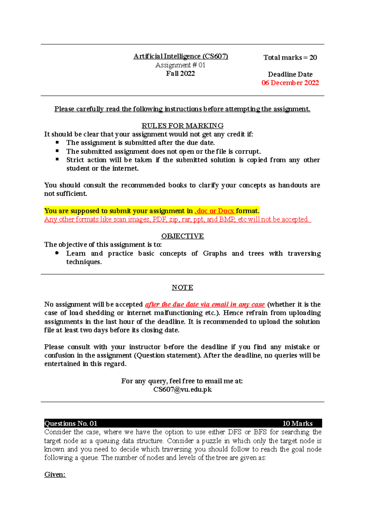 CS607 1 assignment fall 2022 - Artificial Intelligence (CS 607 ) Assignment # 01 Fall 2022 Total ...