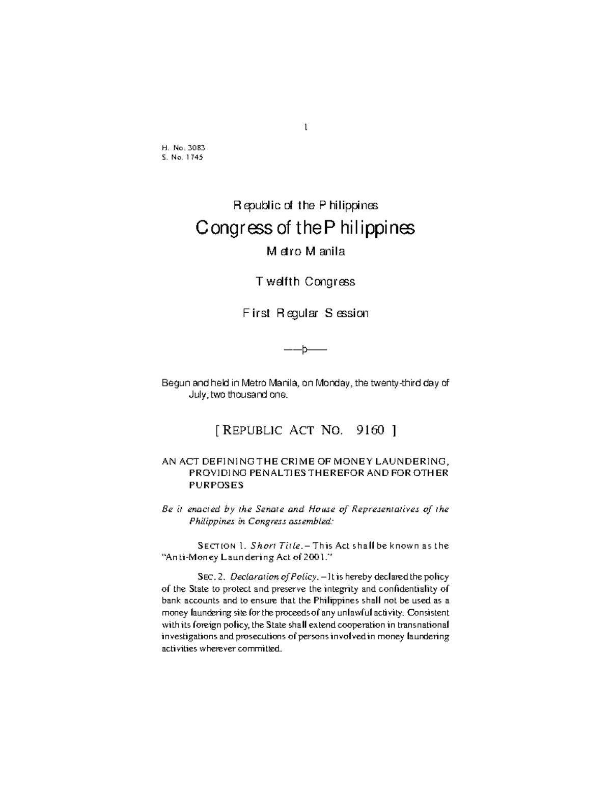 RA 9160 - AMLA Law Summary - H. No. 3083 S. No. 1745 Republic of the P ...