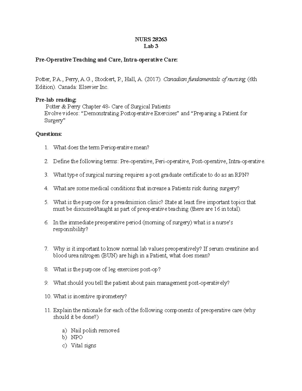 Module 1-Prelab reading- Pre-operative care- Student - NURS 28263 Lab 3 ...
