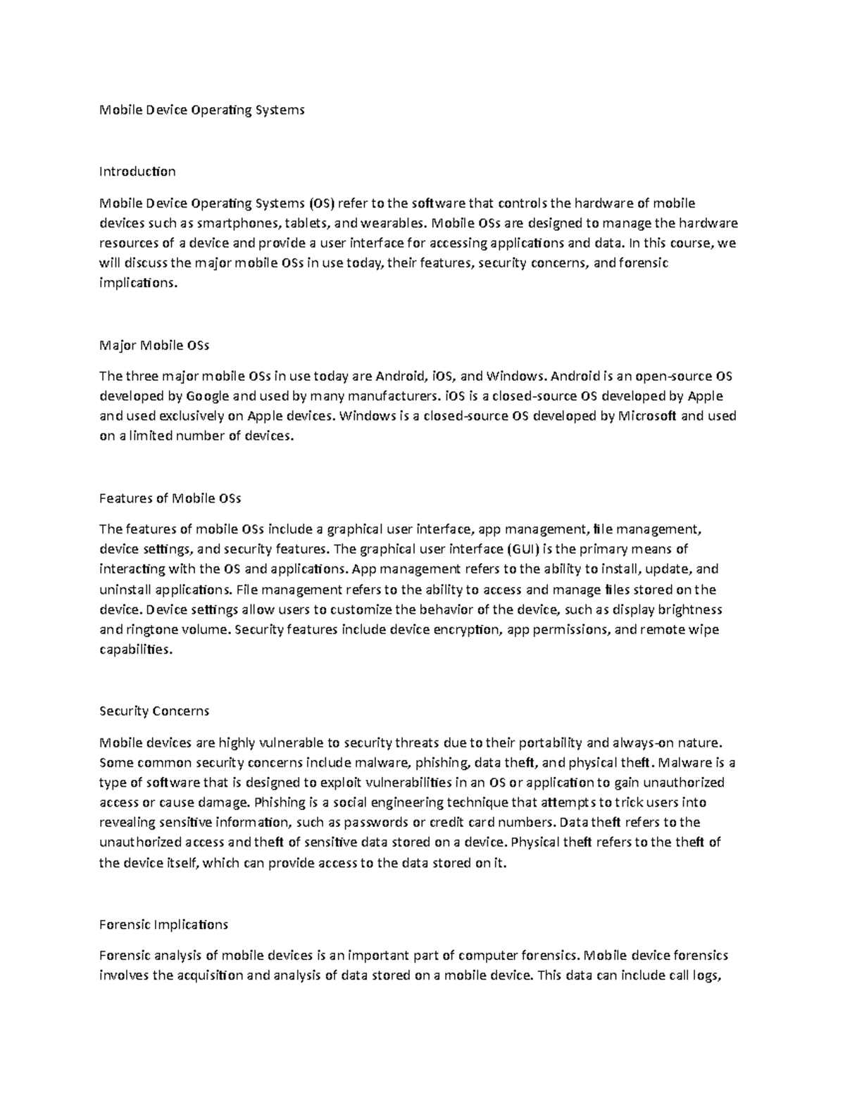 Mobile Device Operating Systems Mobile Device Operating Systems