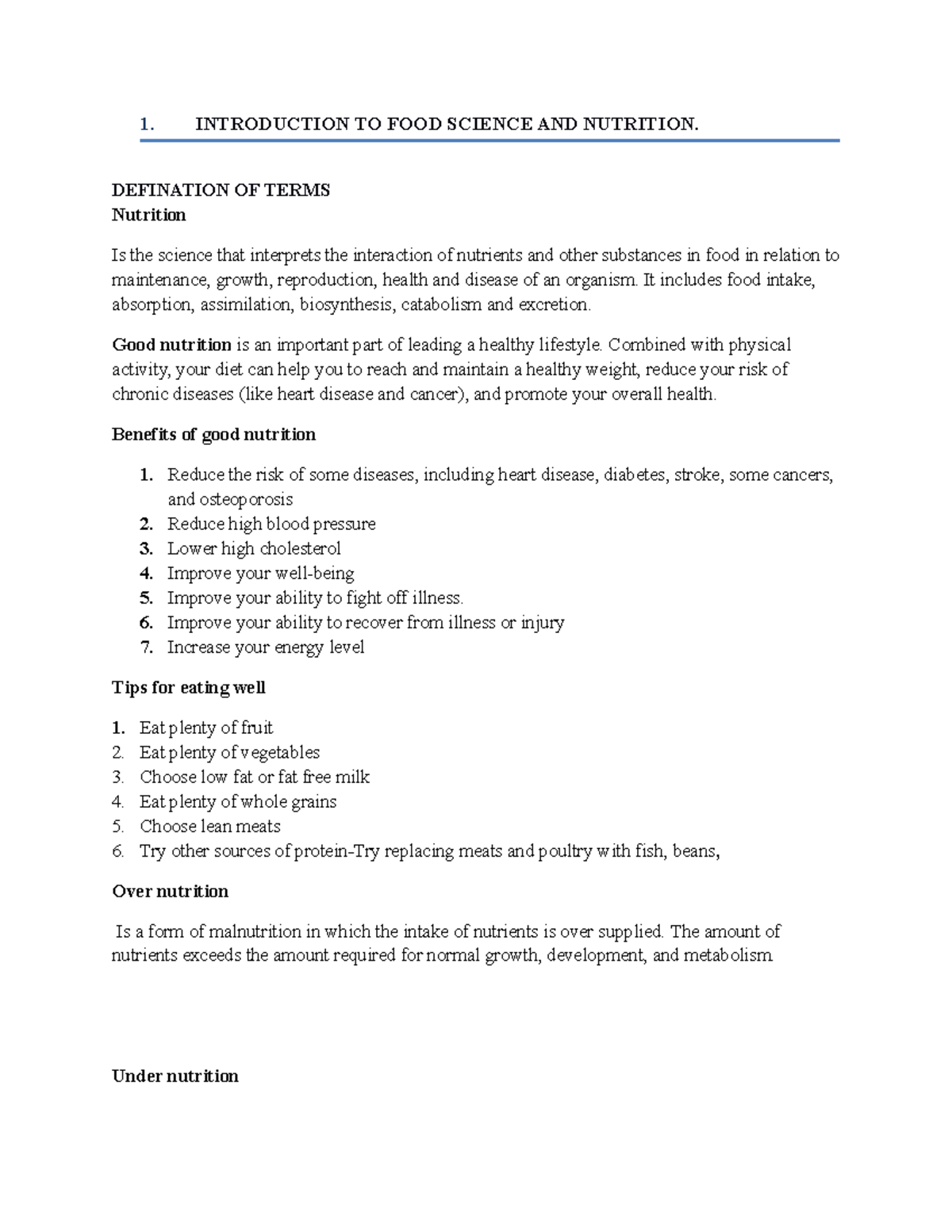 Food Science and Nutrition notes - 1. INTRODUCTION TO FOOD SCIENCE AND ...