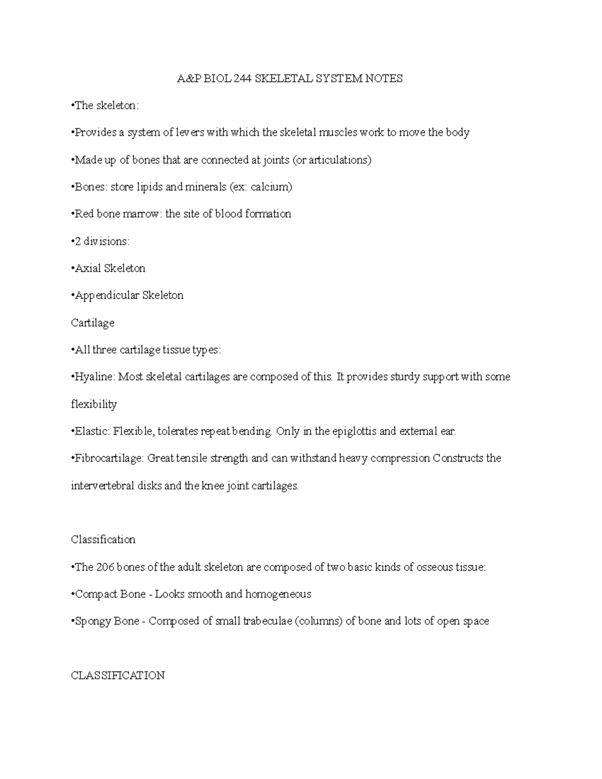 BIOL 244 skeletal system notes - A&P BIOL 244 SKELETAL SYSTEM NOTES ...