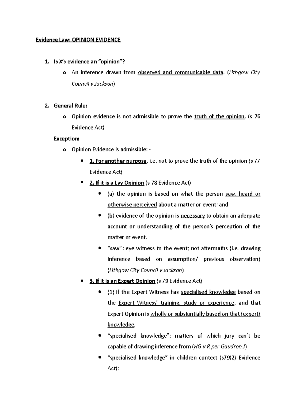 Opinion Evidence - An approach to answer exam question - Evidence Law ...