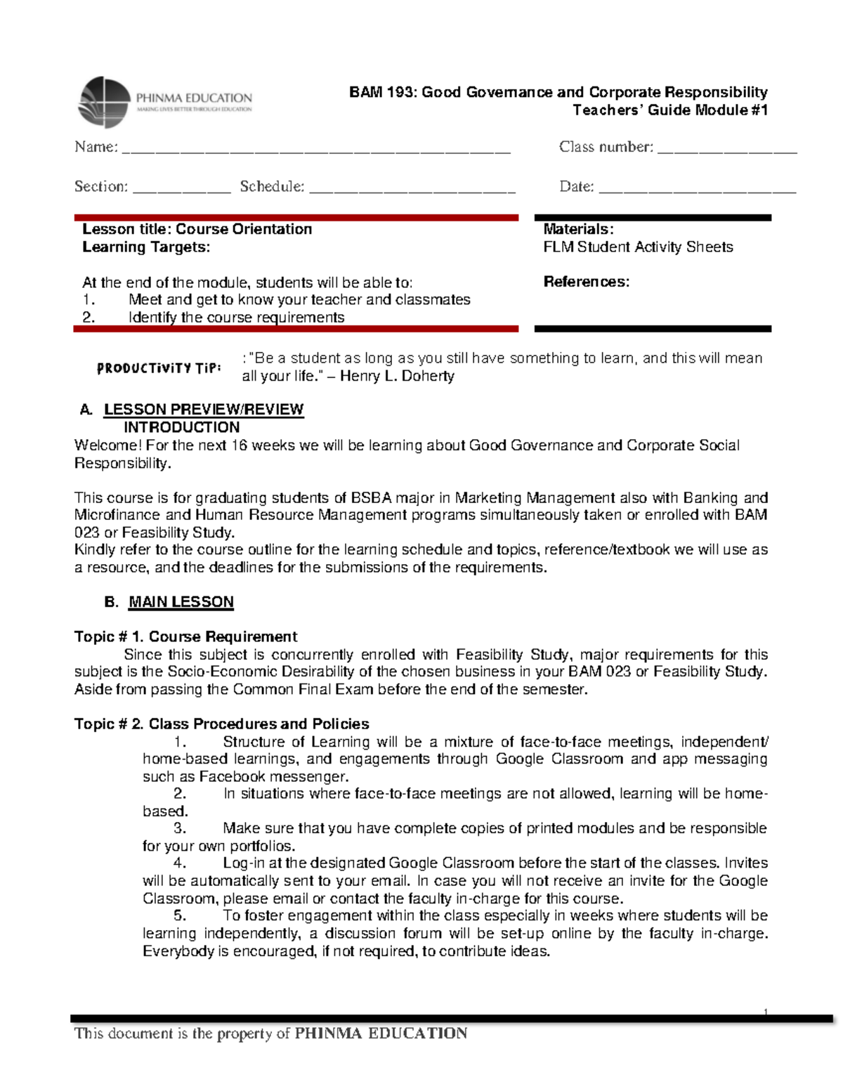 BAM 193 : Module 1 (Lecture Guide) - Good Governance and Social ...