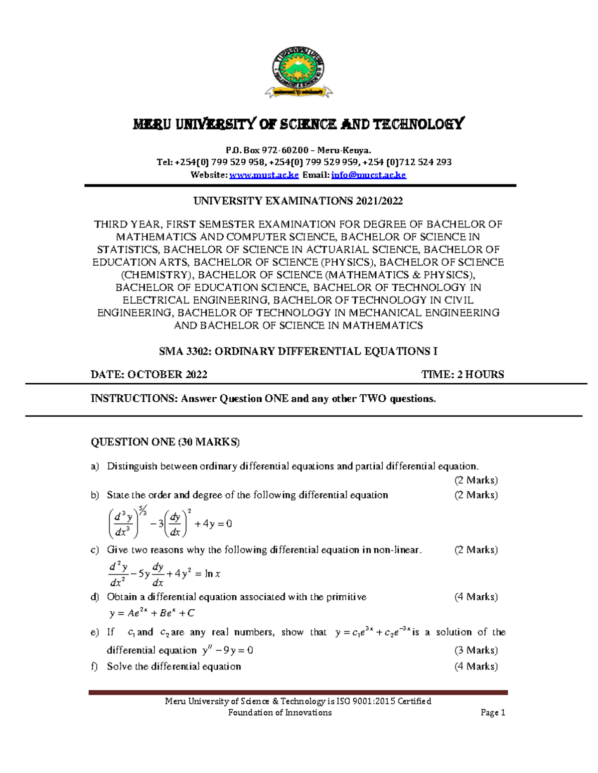 SMA 3302 Ordinary Differential Equations I 1 - Meru University of ...