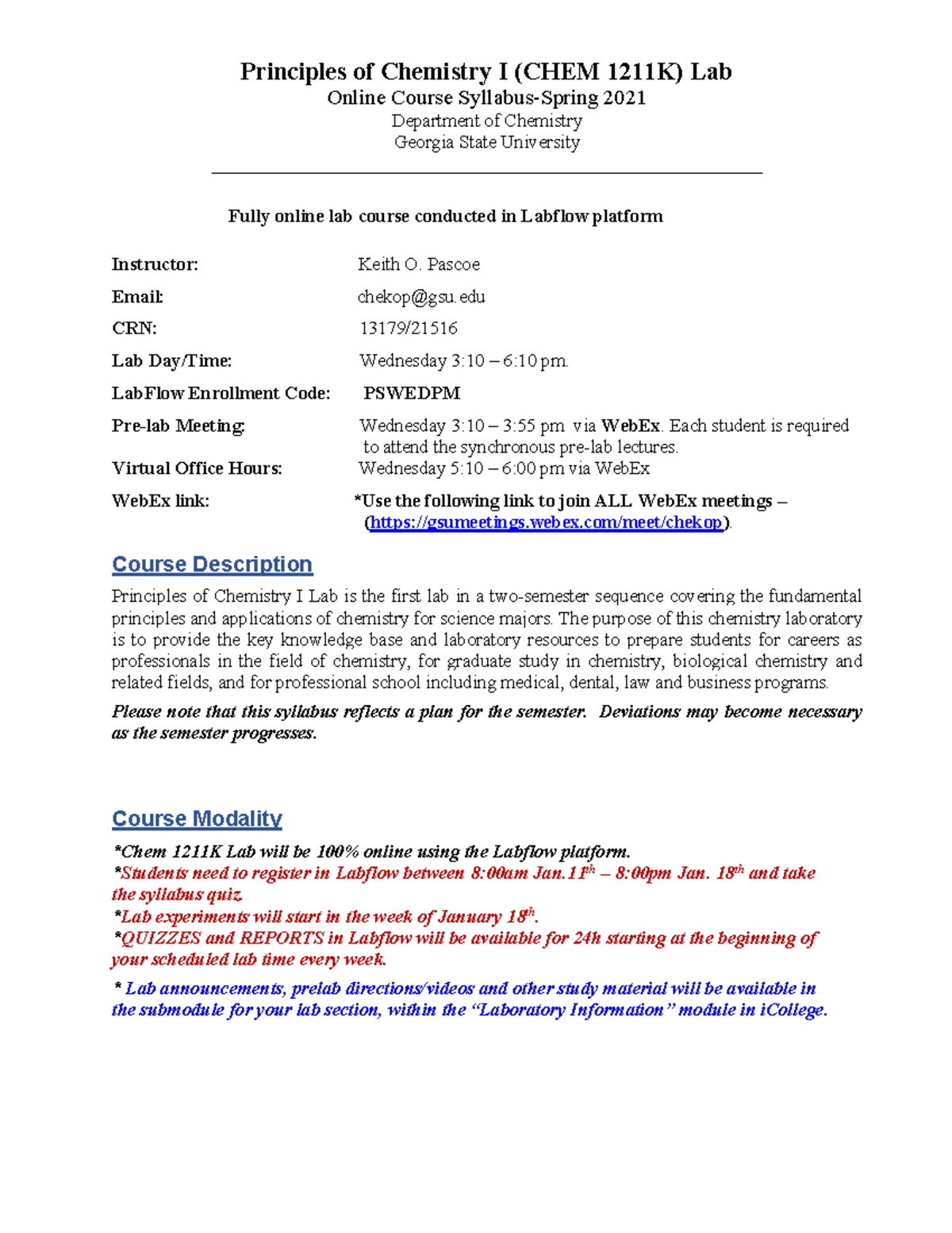 Chem 1211 Lab Syllabus Spring 2021 Wednesday - Online Course Syllabus ...