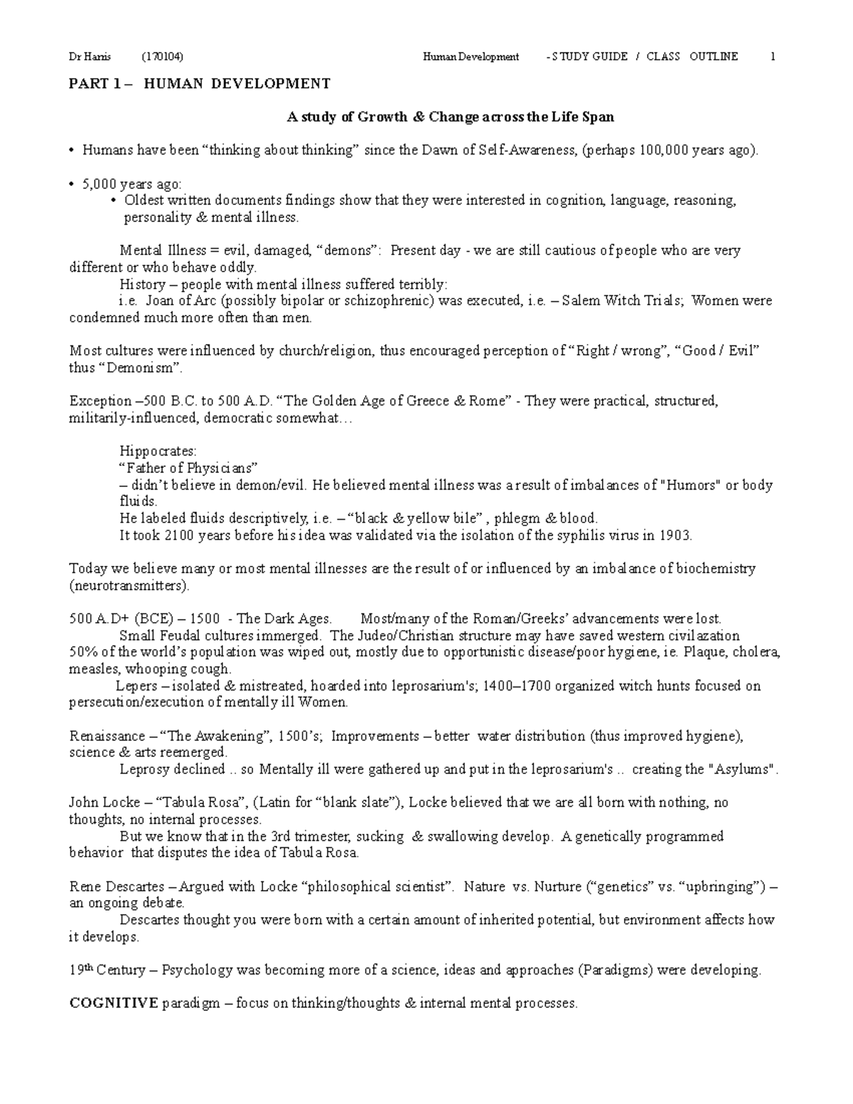 Pysch Study Guide - Lecture notes All - Dr Harris (170104) Human ...