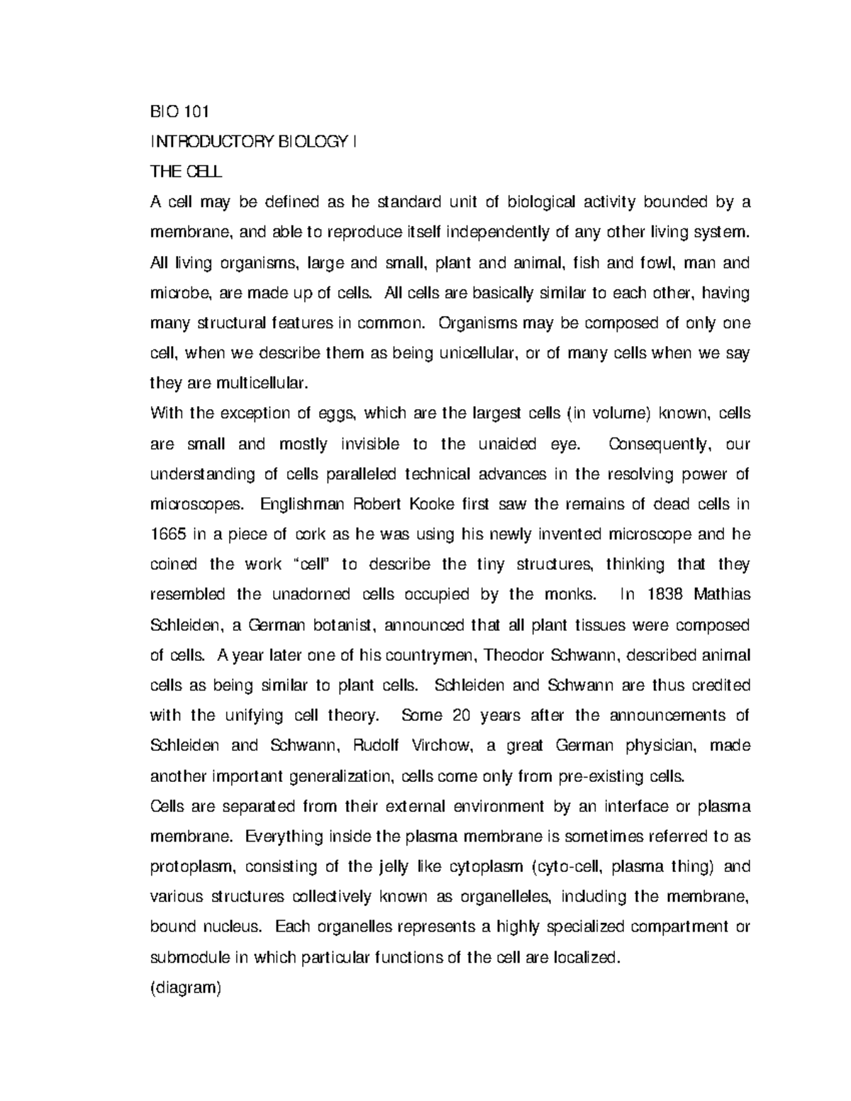 BIO 101 study material - BI O 101 I NTRODUCTORY BI OLOGY I THE CELL A ...