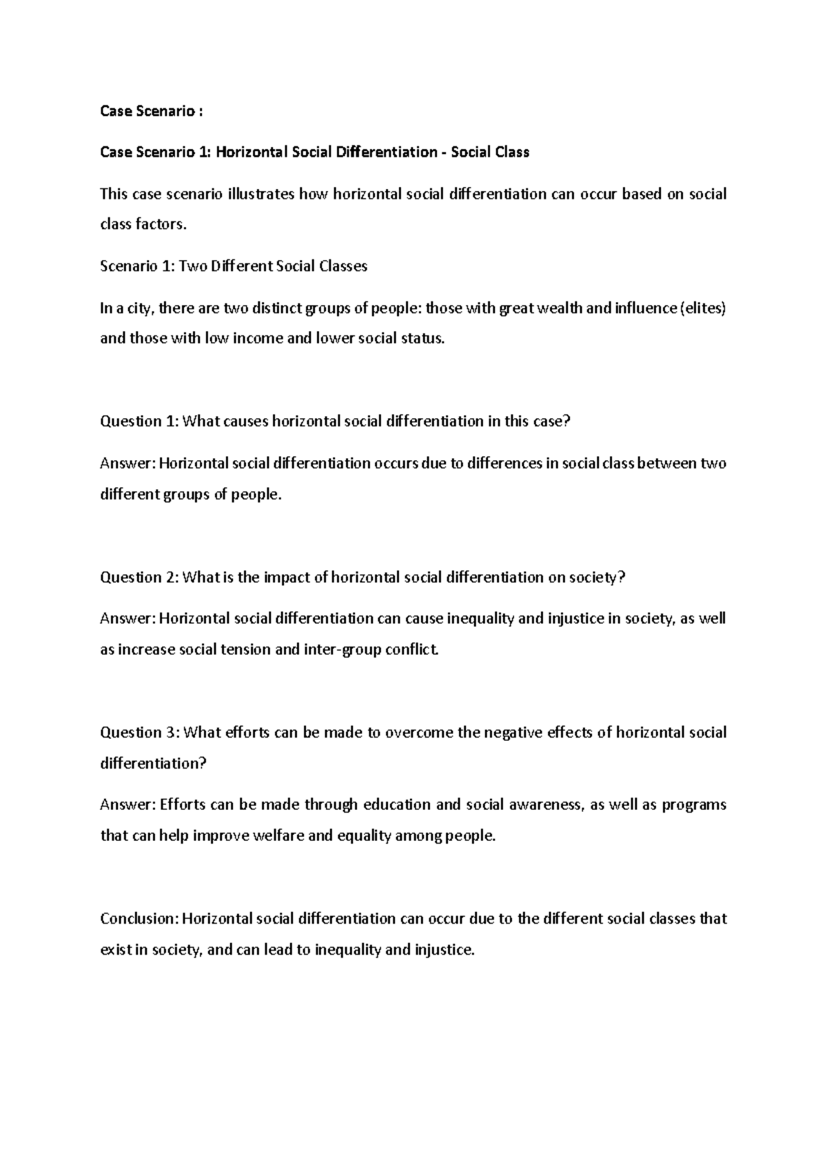 Horizontal Social Differentiation - Social Class - Scenario 1: Two ...