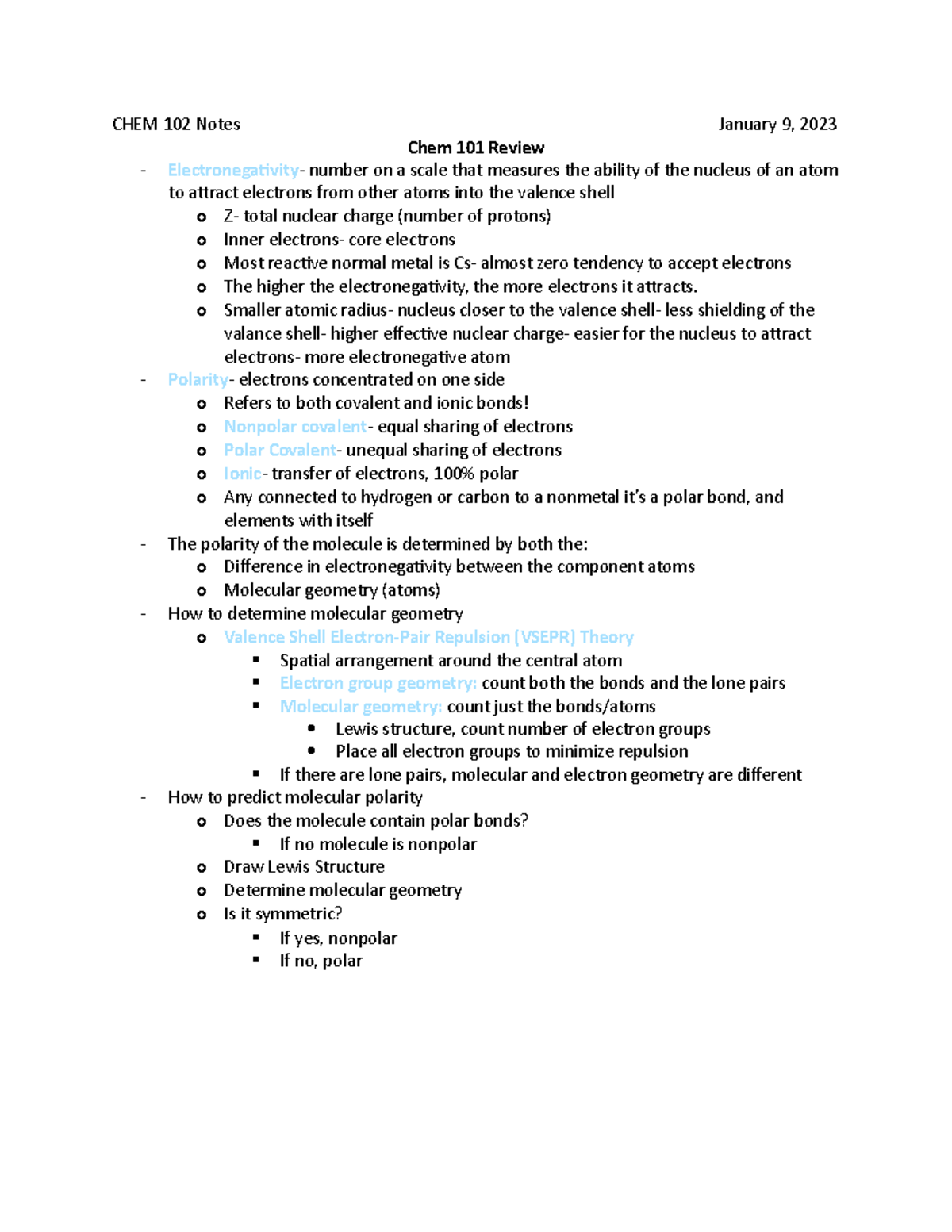 Chem 101 Review - notes - CHEM 102 Notes January 9, 2023 Chem 101 ...