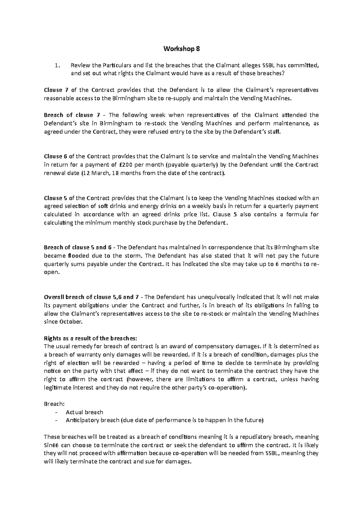 Workshop 8 - Workshop 8 Review the Particulars and list the breaches ...