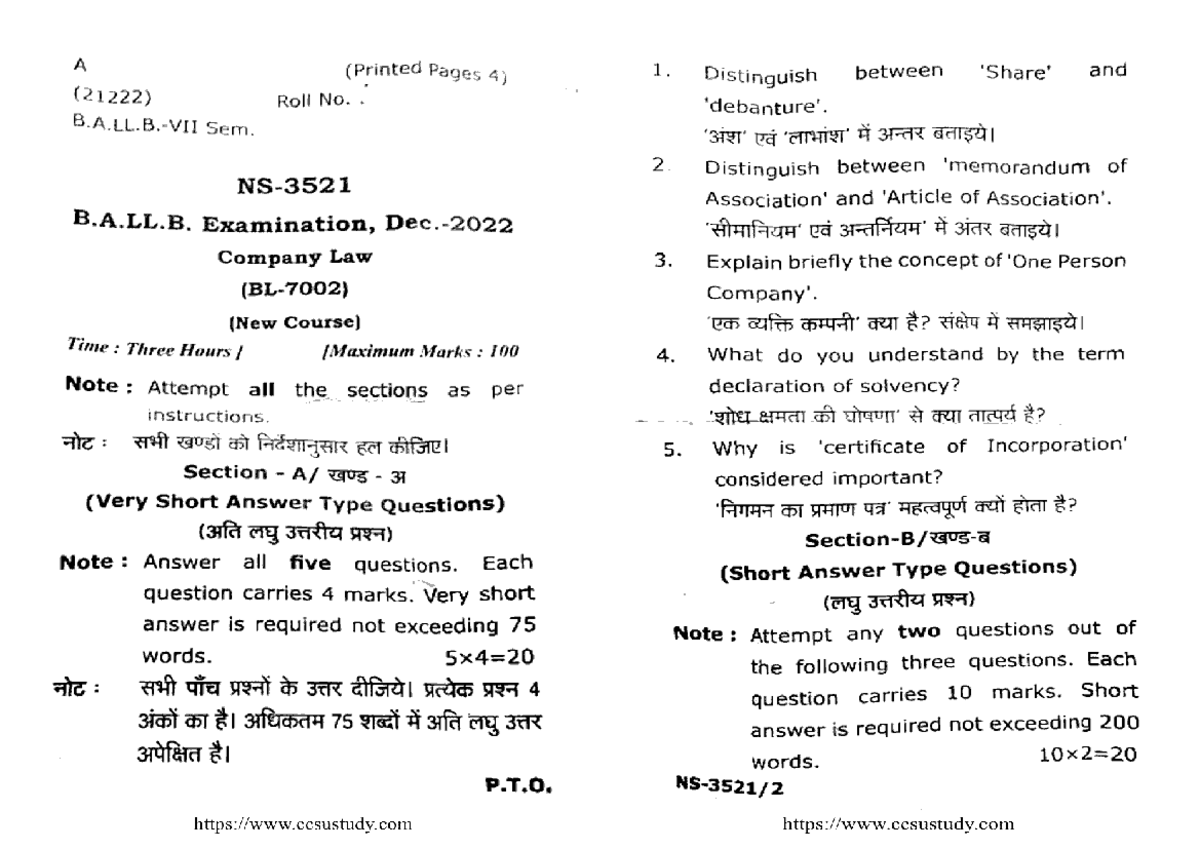 Ballb 7 sem company law ns 3521 dec 2022 - Studocu