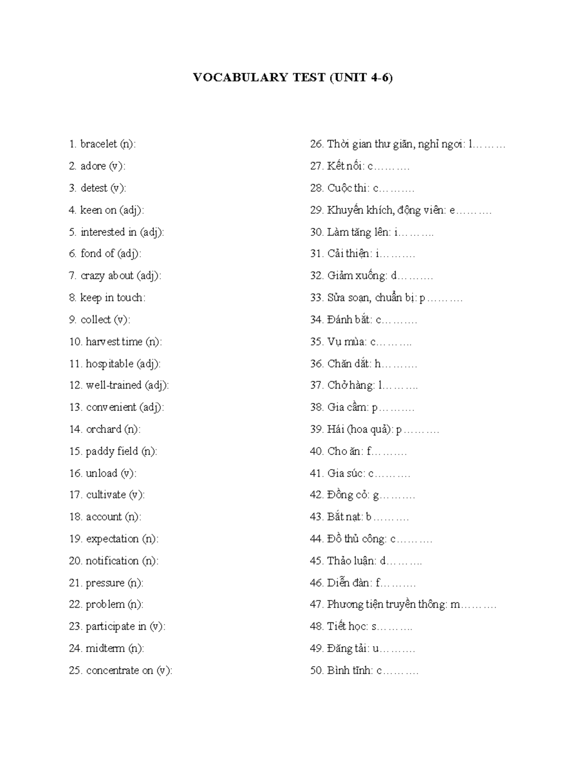 Vocabulary TEST (UNIT 1-3) - VOCABULARY TEST (UNIT 4-6) bracelet (n ...