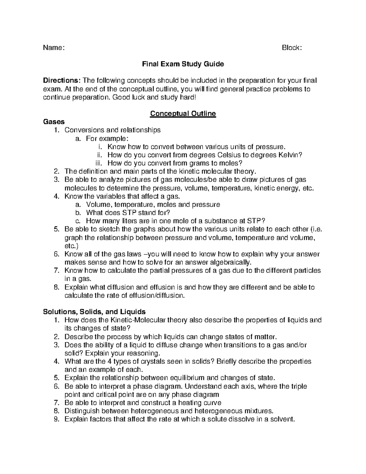 Final+Exam+Content+Review+Honors+Chemistry - Name: Block: Final Exam ...