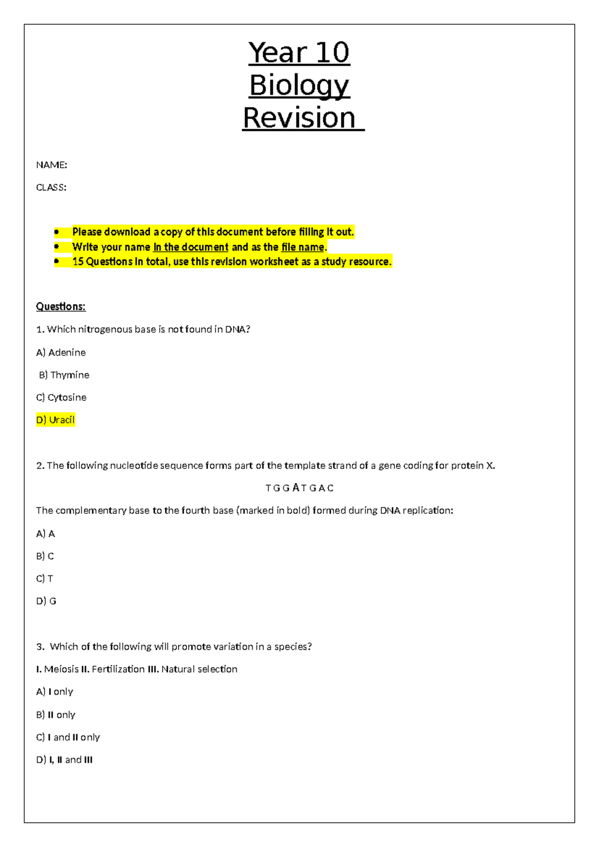 Year 10 mini revision quiz - Year 10 Biology Revision NAME: CLASS ...