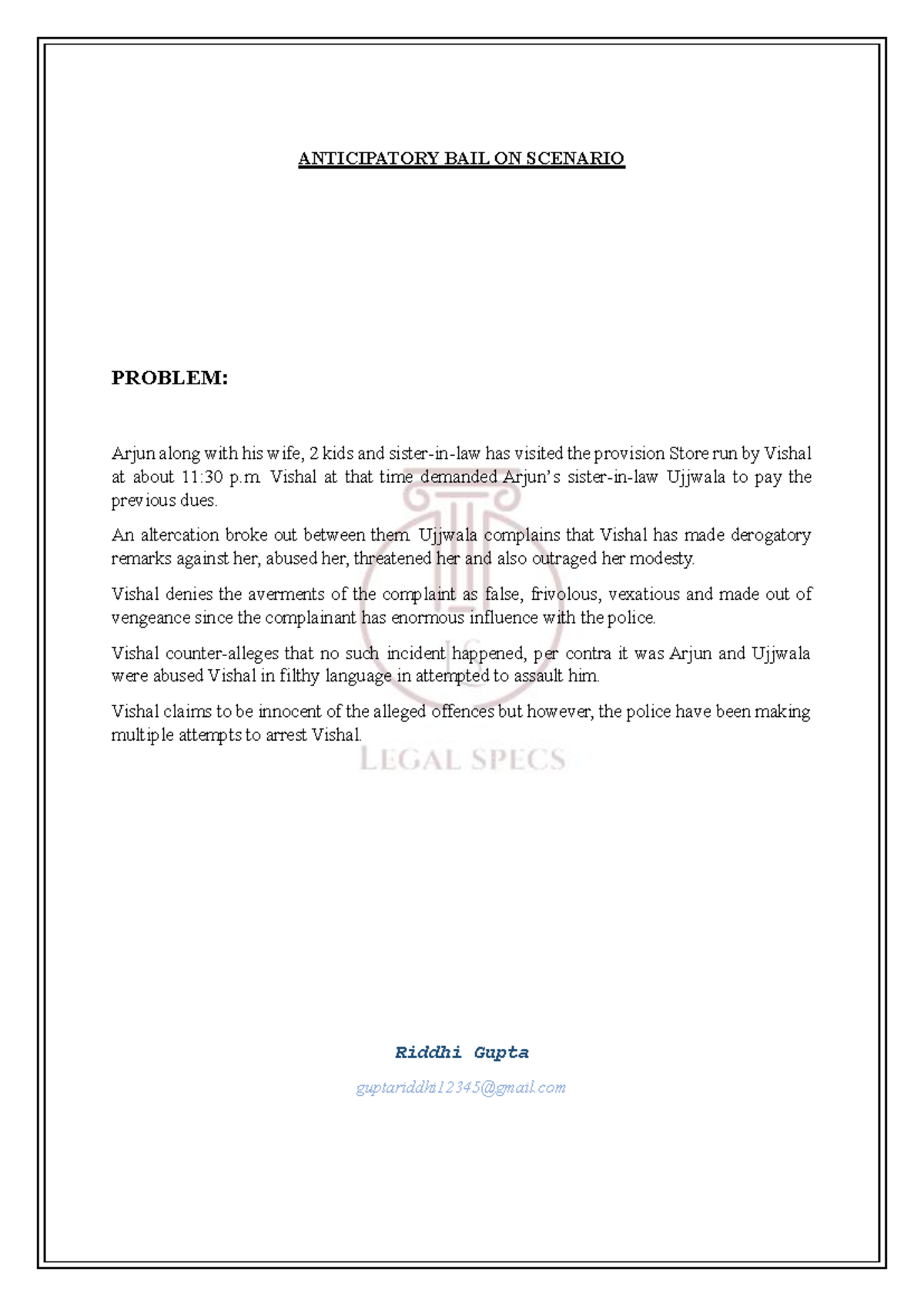 BAIL - Bail draft - ANTICIPATORY BAIL ON SCENARIO PROBLEM: Arjun along ...