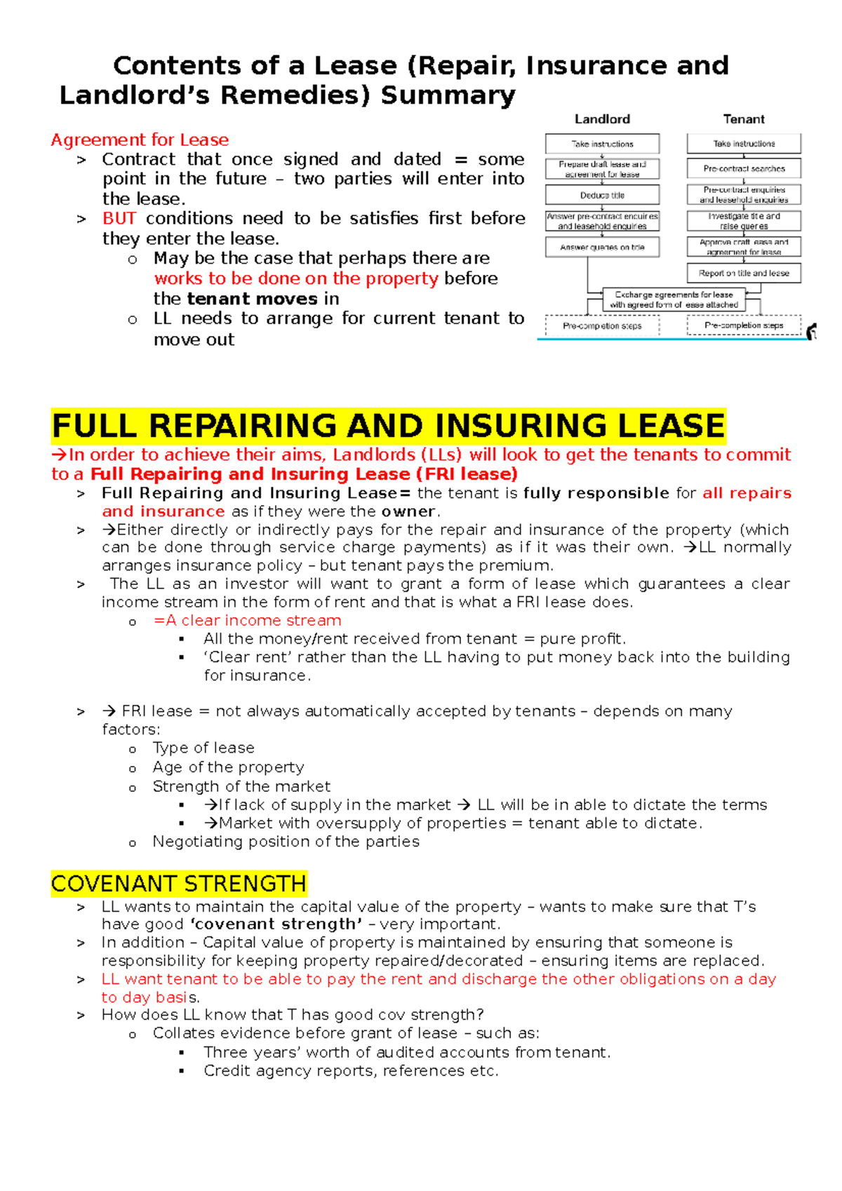 Repair, Insurance, LL's Remedies Summary - Contents of a Lease (Repair ...