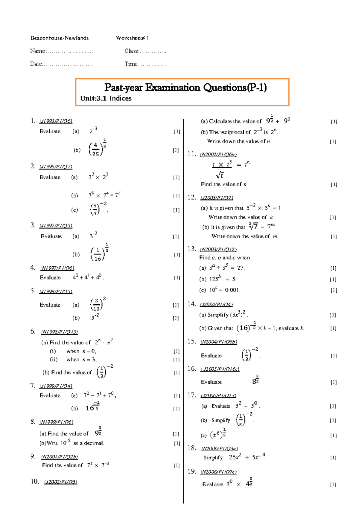Worksheet # 1 (indices) - Beaconhouse-Newlands Worksheet# 1 Name