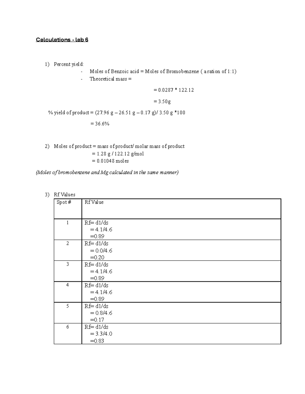 Calculations - lab 6 - Lab 6 - Calculations - lab 6 1) Percent yield ...